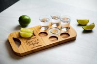 China Modern Stylish Bamboo Board Flight Beer Tray with Engraved Wood Shot Glass Holders for sale