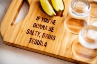 China Modern Stylish Bamboo Board Flight Beer Tray with Engraved Wood Shot Glass Holders for sale