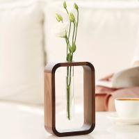China Garden Plant Decor Transparent Glass Vase Plant Holder Small Size Walnut Rectangle Wood Frame Flower Stand Table for sale