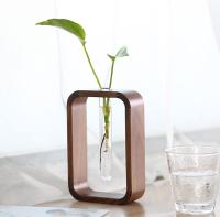 China Garden Plant Decor Transparent Glass Vase Plant Holder Small Size Walnut Rectangle Wood Frame Flower Stand Table for sale