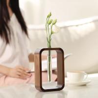 China Garden Plant Decor Transparent Glass Vase Plant Holder Small Size Walnut Rectangle Wood Frame Flower Stand Table for sale
