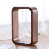 China Garden Plant Decor Transparent Glass Vase Plant Holder Small Size Walnut Rectangle Wood Frame Flower Stand Table for sale