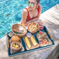 China Injection Wooden Serving Tray Plain Color or Customized Large Ottoman Tray with 4 Coasters for sale