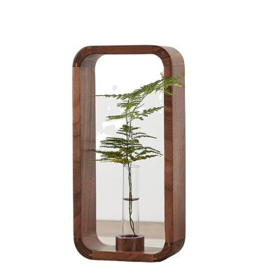 China 202405 Transparent Glass Vase Plant Holder with Walnut Wood Frame A Stunning Decor Piece for sale