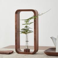 China 202405 Transparent Glass Vase Plant Holder with Walnut Wood Frame A Stunning Decor Piece for sale
