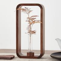 China 202405 Transparent Glass Vase Plant Holder with Walnut Wood Frame A Stunning Decor Piece for sale