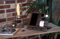 China Laser Engraved Wooden Lazy Holder Custom Cell Phone Stand with Phonestand and Pen Slot for sale