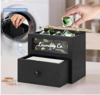China MDF Wood Customized Solid Wood Dryer Sheet Holder Laundry Pods Container Storage Box for sale