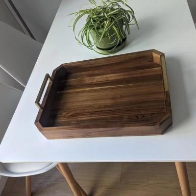 China Kitchen Restaurant Wooden Serving Tray with Gold Polished Metal Handles Walnut for sale