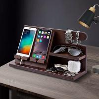China Customized Logo Wooden Phone Stand Organizer for Men Wallet Watch Docking Station for sale