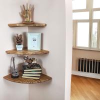 China Wall Mounted Wood Corner Shelf for TV Accessories and Small Plant Photo Frame Storage for sale