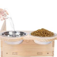China Modern Design Style Wall Mounted Wood Cat Feeder Shelf With Two Bowls Custom Service for sale