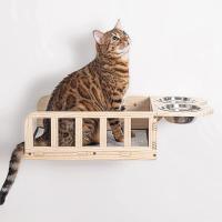 China Modern Design Style Wall Mounted Wood Cat Feeder Shelf With Two Bowls Custom Service for sale