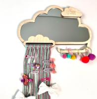 China Custom Cloud Shaped Wooden Framed Children Mirror with Hair Clip and Rubber Band Holders for sale