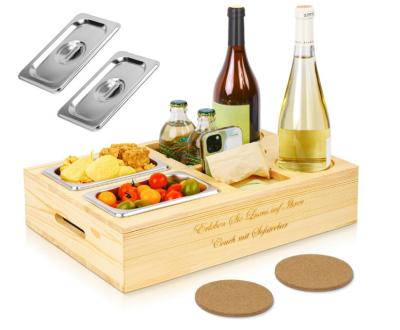 China Customized Logo Wood Sofa Tray with Drink Holder Removable Lid and Storage Compartment for sale