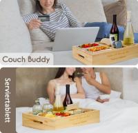 China Customized Logo Wood Sofa Tray with Drink Holder Removable Lid and Storage Compartment for sale