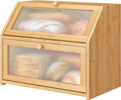 China Acrylic Wavy Door Bread Storage Box Double Layer Bamboo Wood Design for Kitchen Counter for sale