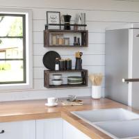 China Save Space with Farmhouse Style Rustic Brown Floating Wood Shelves and Guardrail for sale