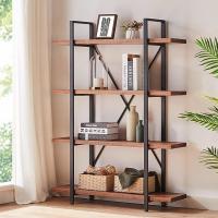 China Rectangle 4 Tier Natural 4 Shelf Rustic Solid Real Wood Bookshelf Metal Bookcase Living Room Furniture for sale