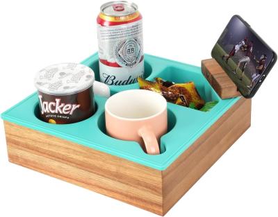 China Customized Logo Soft Silicone Acacia Wooden Couch Caddy for Snacks Beverage Remote for sale