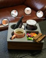 China Customized Logo Soft Silicone Acacia Wooden Couch Caddy for Snacks Beverage Remote for sale