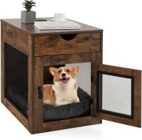 China Wooden Dog Kennel End Table with Removable Cushion and Storage Drawer Gray Wood Color for sale