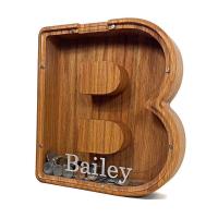 China Customer's Requirement Creative Wooden English Letters Piggy Bank with Transparent Glass for sale
