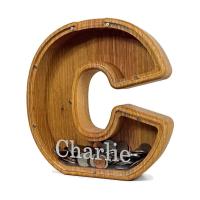 China Customer's Requirement Creative Wooden English Letters Piggy Bank with Transparent Glass for sale
