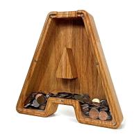 China English Letter Wooden Piggy Bank Personalized Alphabet Money Bank 1.75 inches thick for sale