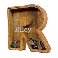 China Large Money Box with Personalized Alphabet Custom Logo Accepted Wooden Piggy Bank for sale