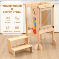 China 2 Step Stool Foldable Toddler Kitchen Helper Natural Bamboo Color Tower Stool for Kids for sale