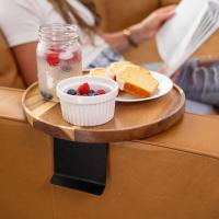 China Customized Logo Acacia Couch Tray for Eco-friendly Adjustable Wooden Sofa Arm Table for sale