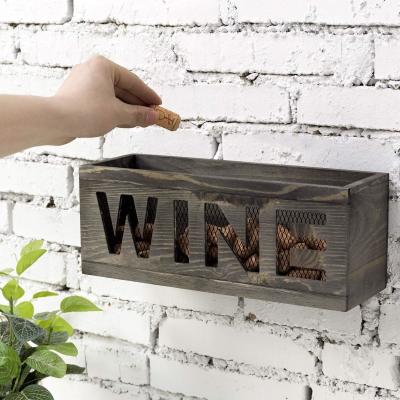 China Save Space Wall Mounted Vintage Gray Weathered Wood Open Top Cork Holder Wooden Box with Metal Wire Mesh for sale