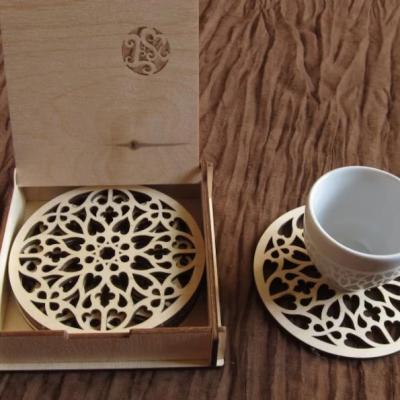 China Unique Wooden Rosette Coasters for Coffee Cup in Natural Birch and Gothic Rustic Design for sale