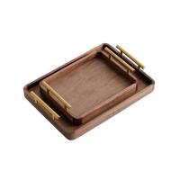 China Rustic Brass Handles Walnut Wooden Coffee Table Serving Tray for Desserts Cakes Tea Cups Handmade for sale