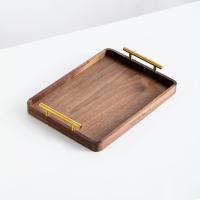China Rustic Brass Handles Walnut Wooden Coffee Table Serving Tray for Desserts Cakes Tea Cups Handmade for sale