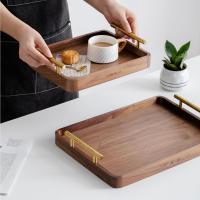 China Rustic Brass Handles Walnut Wooden Coffee Table Serving Tray for Desserts Cakes Tea Cups Handmade for sale