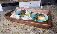 China 19.88 X 14 X 2.5 Inch Acacia Curved Serving Tray Set With Handle Logo For Gifts Stores for sale