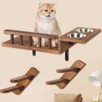 China Say Goodbye to Messy Floors Wall Mounted Cat Feeding Shelf with Ladder and 2 Bowls for sale