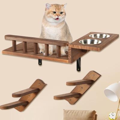 China Say Goodbye to Messy Floors Wall Mounted Cat Feeding Shelf with Ladder and 2 Bowls for sale