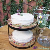 China As Your Request 2 Tier Wooden Serving Tray with Metal Holder Cake Dessert Display for sale