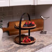 China As Your Request 2 Tier Wooden Serving Tray with Metal Holder Cake Dessert Display for sale