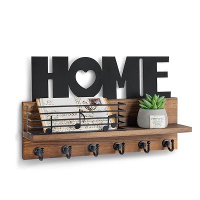 China Customized Logo Rustic Wooden Mail Organizer with Key Hooks and Mail Storage Shelf for sale