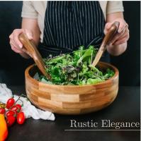 China Complete Your Party Bamboo Salad Bowl Set with Serving Utensils and Dressing Jar for sale