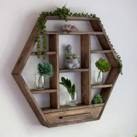 China Home Decoration Solid Wood Hexagon Wall Mounted Floating Shelf Wooden Storage Shelves for sale