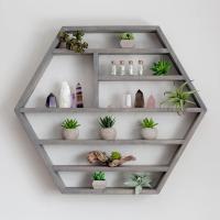 China Home Decoration Solid Wood Hexagon Wall Mounted Floating Shelf Wooden Storage Shelves for sale