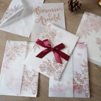 China Vegetable Parchment Laser Cut Wedding Invitations with Rose Pattern and Heat Stamping for sale