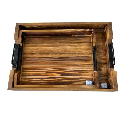 China Customized Designs Accepted Rustic Rectangular Wood Serving Tray with Metal Handles for sale