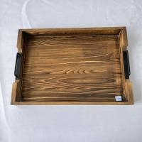 China Customized Designs Accepted Rustic Rectangular Wood Serving Tray with Metal Handles for sale