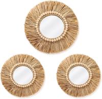 China Boho Raffia Mirror Wall Hanging Decor Rustic Round Circle Mirrors Farmhouse Aesthetic for sale
